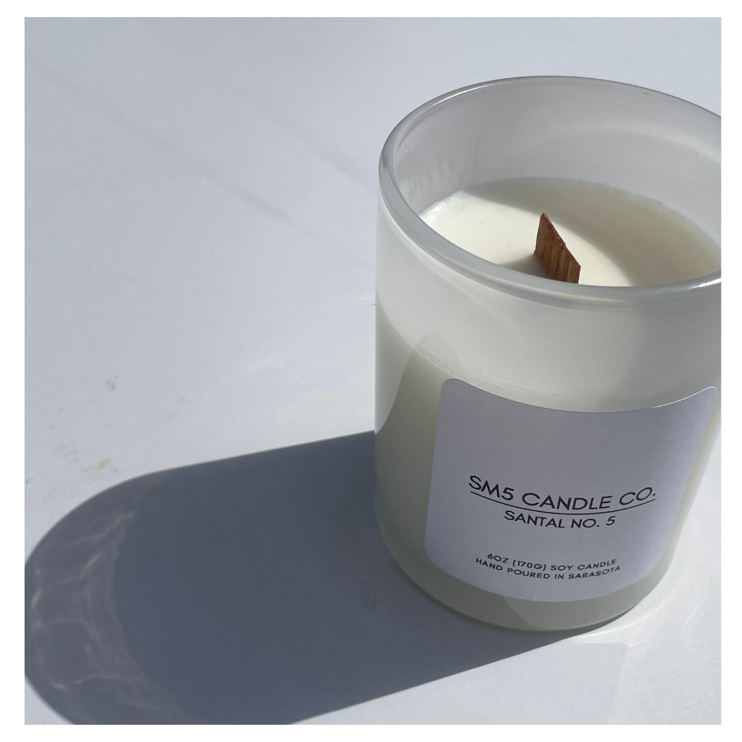 Luxurious Coco & Santal soy candle by Sarasota based LGBTQ SM5 Candle Co.